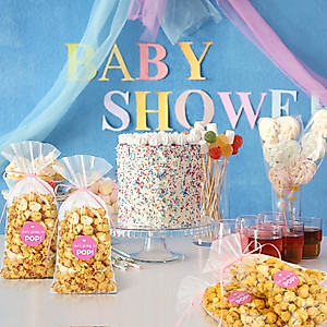 Menkxi 100 Pack Clear Popcorn Bags Bulk 4.92 x 10.83 Inch Cellophane Treat Bags with She Is Going to Pop Label and Ribbon Plastic Popcorn Bags for Gift Wrapping, Food Storage, Baby Shower Decor(Pink)