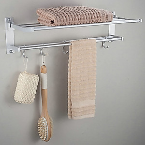 Double Layer Towel Rack, Bathroom Space Saving Towel Shelf, Wall Moted Towel Holder with Towel Hooks