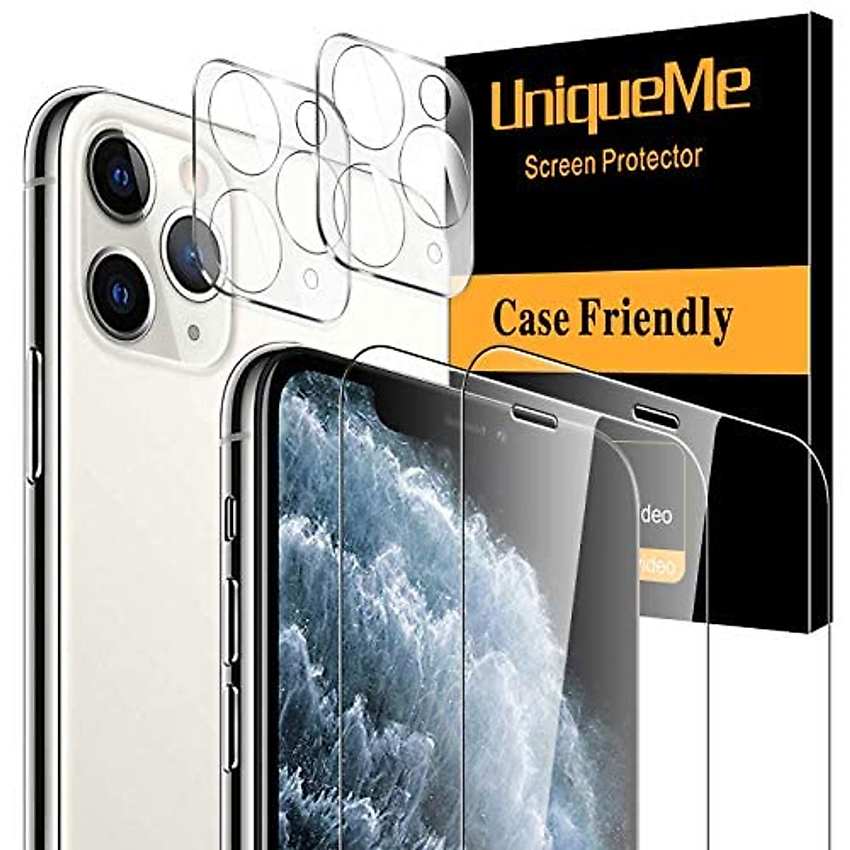 UniqueMe [4 Pack] compatible with iPhone 11 Pro Max 6.5 - inch, 2 Pack Screen Protector Tempered Glass and 2 Pack Camera Lens Protector 9H Hardness Clear [Bubble Free]