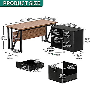 YITAHOME 55" Executive Desk and Lateral File Cabinet, 3 Drawers File Cabinet with Charging Station, L Shaped Desk Computer Desk Home Office Furniture Sets with Drawers & Storage Shelves, Walnut+Black