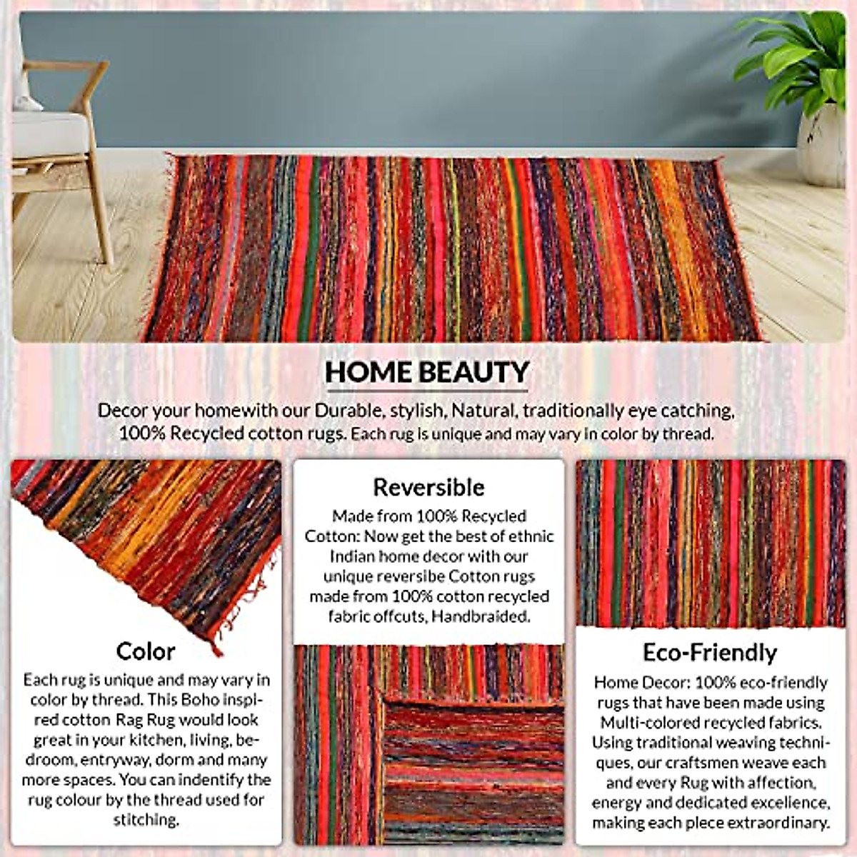 Ekakshx Multi Color Chindi Rag Rug 4X6' | Hand Woven Rug & Reversible Runner Rug | Recycled Cotton Colorful Chindi Rug for Living Room Kitchen | Rustic Rug | Runner Rugs (4 * 6 Feet, Red Color)