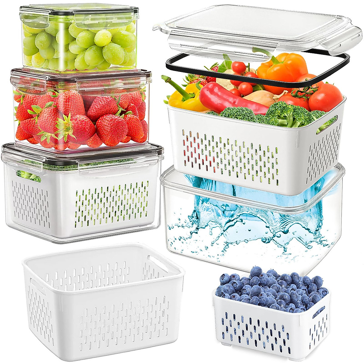4 PCS Fruit Storage Containers for Fridge with Removable Colander,Airtight Leakproof Food Storage Container,Dishwasher Safe Produce Saver Container for Refrigerator,Keep Fruits Vegetables Fresh Longer