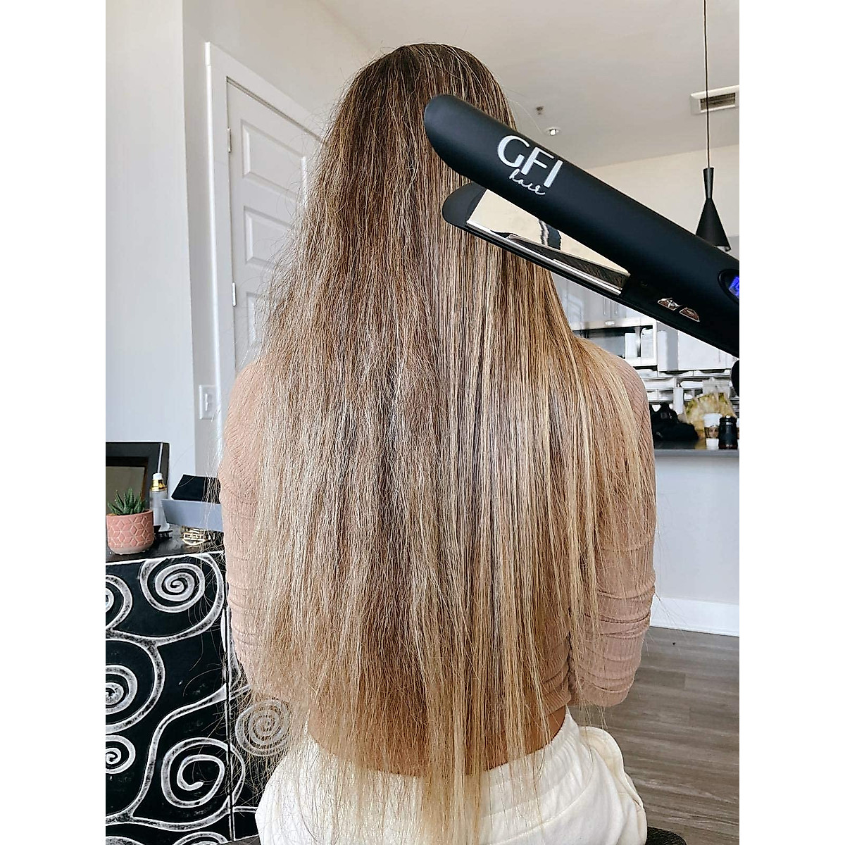 GFI Hair Straightener - Turbo Heating Element - Titanium Flat Iron - Straightens & Curls Any Hair Type - Temperature Control - Pouch & Glove Included