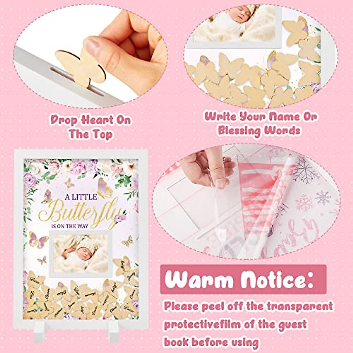 65 Pieces Butterfly Baby Shower Guest Book Alternative Set 60 Pieces Butterfly Token Baby Shower Sign in Guest Book Baby Keepsake Signature Book Picture Frame with Wooden Stand Storage Bag and Pen