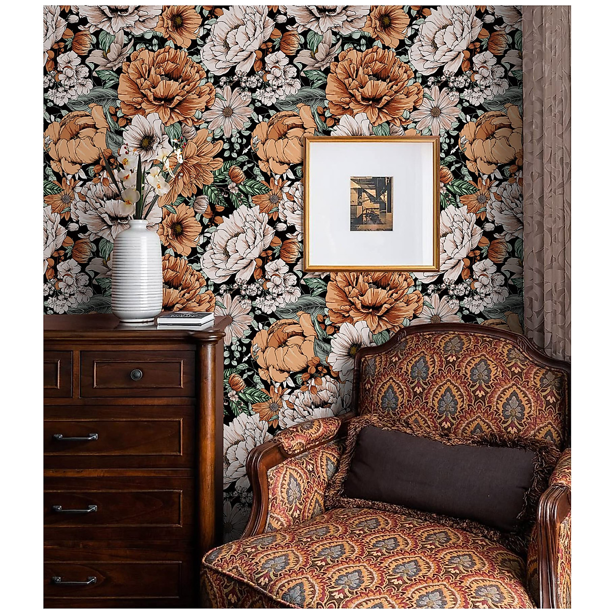 HAOKHOME Vintage Peel and Stick Floral Wallpaper Removable Large Peony Black/Orange/Pink Vinyl Self Adhesive Mural 17.7in x 6.5ft