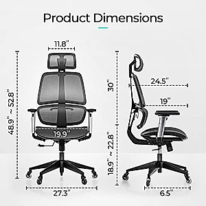 LINSY HOME High-Back Office Chair, Swivel Ergonomic Task Chair with Adjustable Headrest and Arms, Lumbar Support and PU Wheels, Computer Mesh Chair for Home Office, Grey
