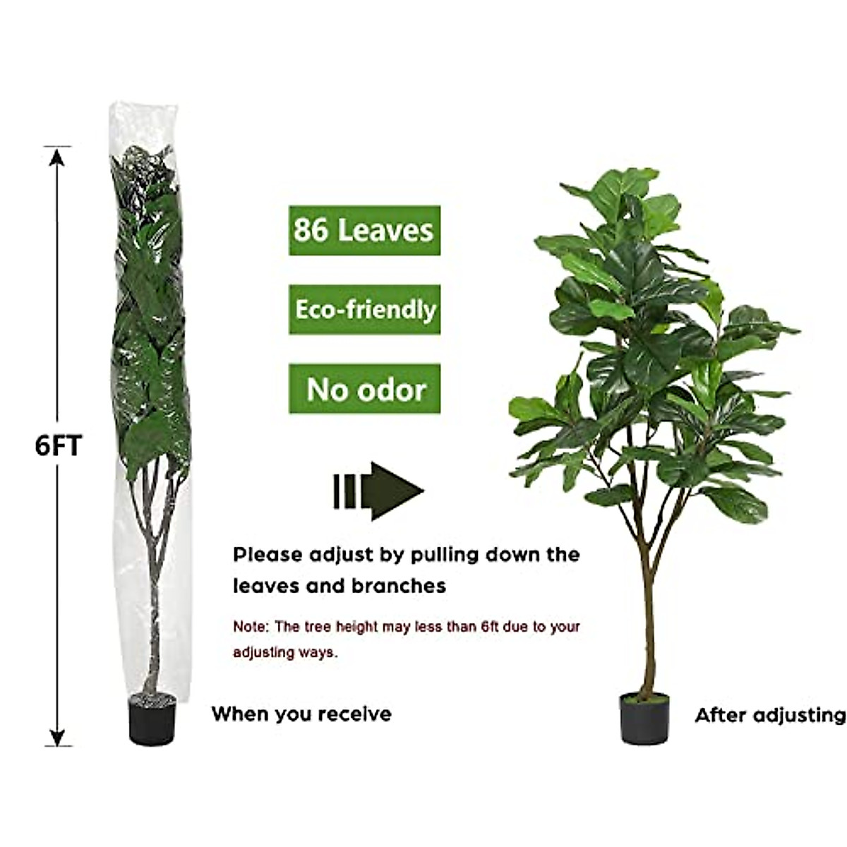VIAGDO Artificial Fiddle Leaf Fig Tree 6ft Tall 86 Decorative Faux Fiddle Leaves Fake Fig Silk Tree in Pot Artificial Tree for Home Office Living Room Bathroom Corner Decor Indoor