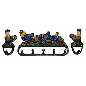 Flag Emotes Rooster & Chickens Wall Hook 3 Piece Set Colorful Painted Cast Iron Coat Hangers Rack