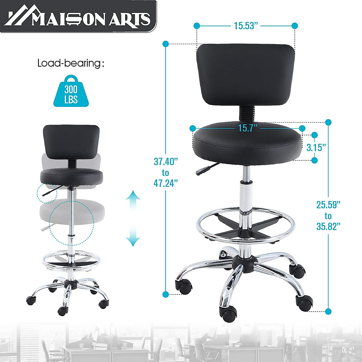 MAISON ARTS Office Desk Chair Swivel Adjustable Rolling Stool with Wheels Armless Drafting Task Chair with Back for Home Office Bar Kitchen Shop Salon Spa Massage Medical, 300LBS Bear Capacity, Black