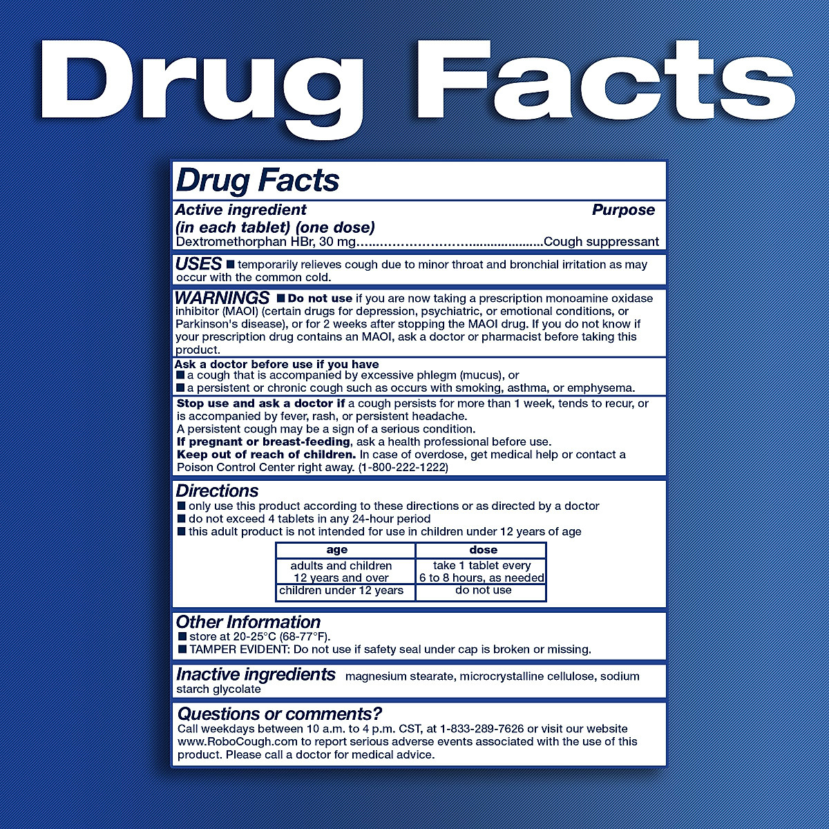 RoboHBr Cough Suppressant, Dextromethorphan HBr 30mg, 100 Tablets, 100 Doses for Effective Cough Relief