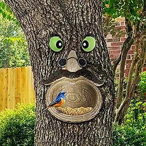 GARTOL Tree Face Birdfeeder - Old Man with Glowing Eyes in Dark Outdoor Tree Hugger Sculpture - Whimsical Garden Decoration and Wild Birdfeeder, Garden Peeker Yard Art