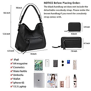 Hobo Handbags for Women Tote Bag Boho Ladies Shoulder Purses Designer Black 3PCS (Crossbody Strap Not Included)