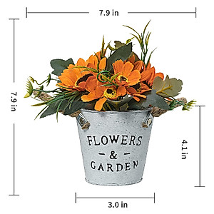Artificial Sunflower Pot Shape Bonsai, 1 Pc Artificial Sunflower with Vase Metal Potted Fake Flower Artificial Sunflowers Bouquet for Party Office Garden Table Home Decor Windowsill (Orange Yellow)