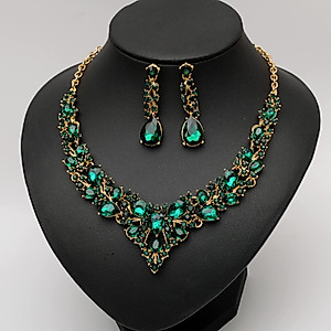 CSY 4 Pcs/Set Austrian Crystal Necklace Earrings Bracelet Ring Bridal Jewelry Sets for Brides Wedding Party Costume Accessories Gifts for Women (02-gold plated-green)