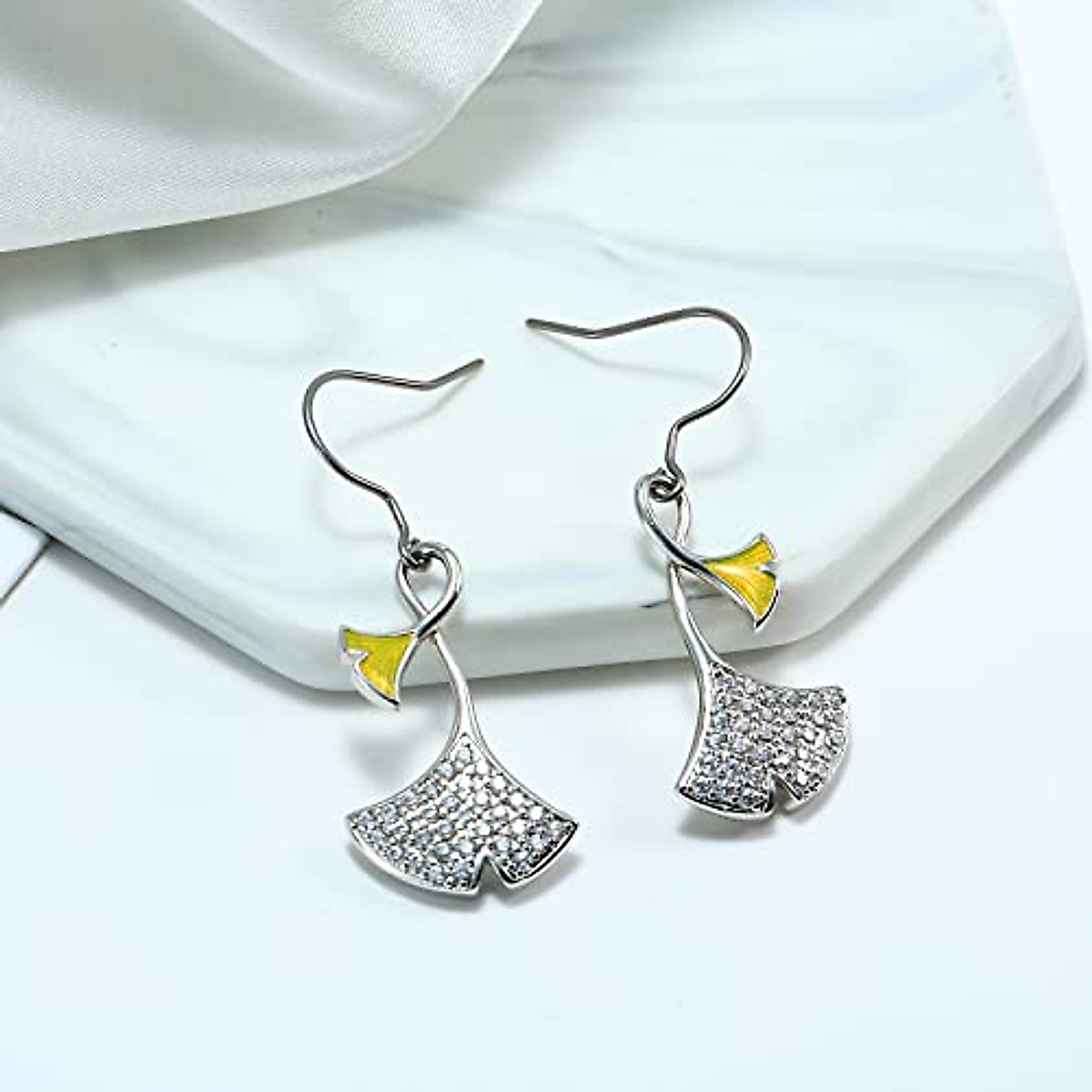 Ginkgo Leaf Earrings Hypoallergenic Titanium Dangle Earrings For Women, Sparkly Cubic Zirconia Enamel Drop Earrings Lightweight Handmade, Pure Titanium Earrings Hooks for Sensitive Ear