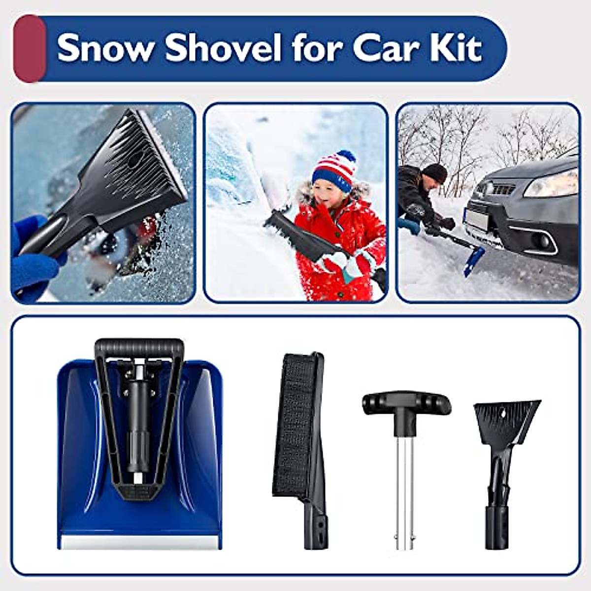 Folding Emergency Snow Shovel for Car Portable Lightweight Shovel Kit with Ice Scraper Snow Brush and T-Grip Handle Aluminum Edge Blade 9" Compact Snow Removed for Vehicle Camping Home Garden