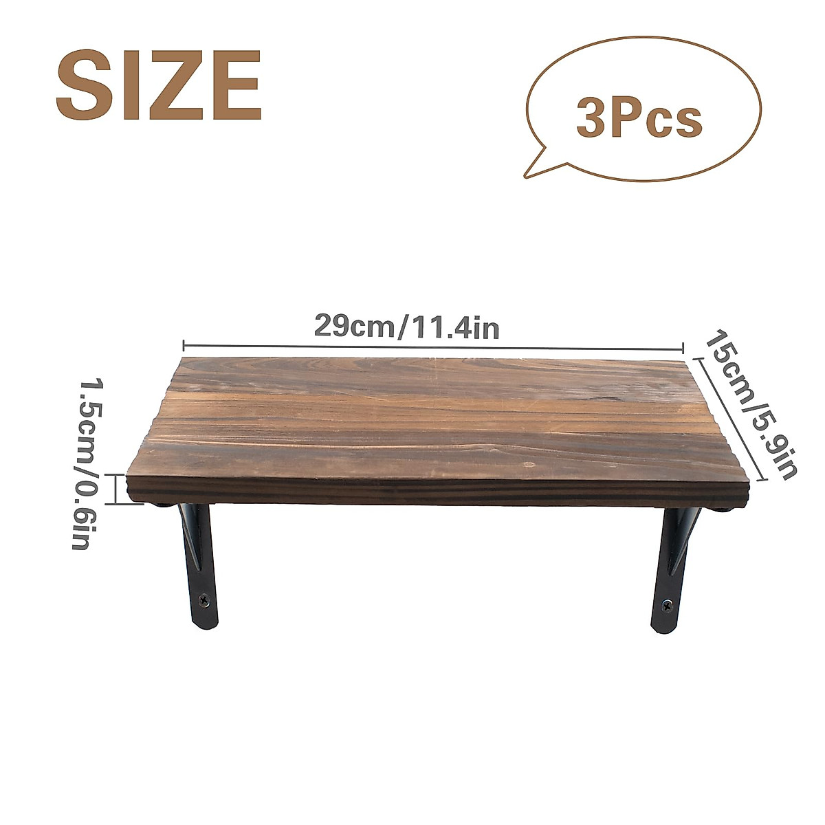 3 Sets Wood Floating Shelves for Wall Decor, Rustic Wood Shelves for Wall Storage, Wall Mounted 11.4 Inch Wooden Display Shelf Carbonized Wall Shelves for Bathroom Bedroom Kitchen Living Room Garage