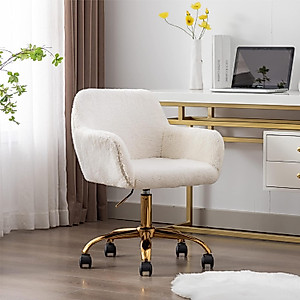 Yoluckea Faux Fur Desk Chair for Women Girl Teen, Home Office Desk Chair with Rolling Wheels, Modern Furry Vanity Chair for Makeup Room Bedroom Living Room, Adjustable Swivel Cute White Desk Chair
