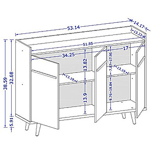 Manhattan Comfort Bradley Mid Century Modern Dining Room 4 Shelves Buffet Stand Cabinet, 53.54", Black
