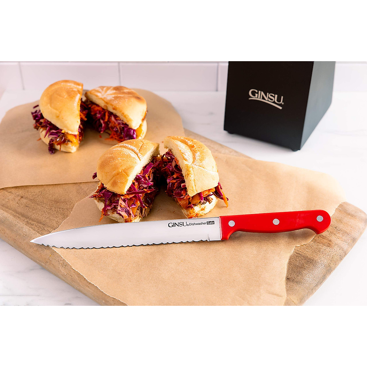 Ginsu Kiso 14-Piece Red Knife Set with Black Block - Dishwasher Safe and Always Sharp