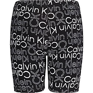 Calvin Klein Girls' Performance Bike Shorts, Soft & Stretchy with Flat Waistband & Snug Fit, Black Logo Toss, 12-14