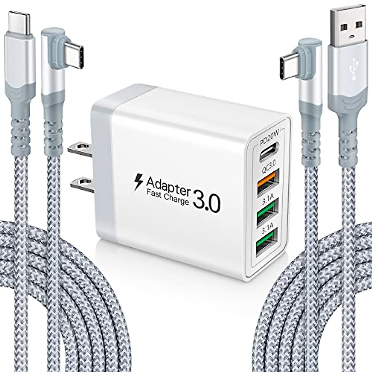 35W Fast Charging Wall Charger with USB C Cable 10FT Boxeroo 2-Pack 4Port USB C Power Adapter Block Right-Angle USB A to C Cable Compatible for Galaxy Samsung Galaxy S22 Ultra S21 S20 S10 Pixel 6/5/4