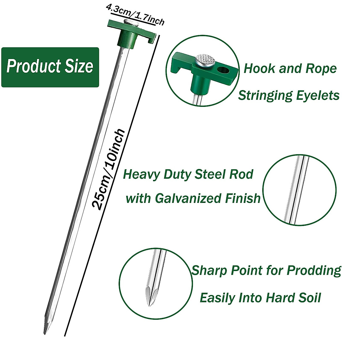 ALMOXVYE 20 Pack Tent Stakes, 10 Inch Heavy Duty Tent Camping Stakes, Galvanized Non-Rust Tent Pegs for Pop Up Canopy, Ground, Garden