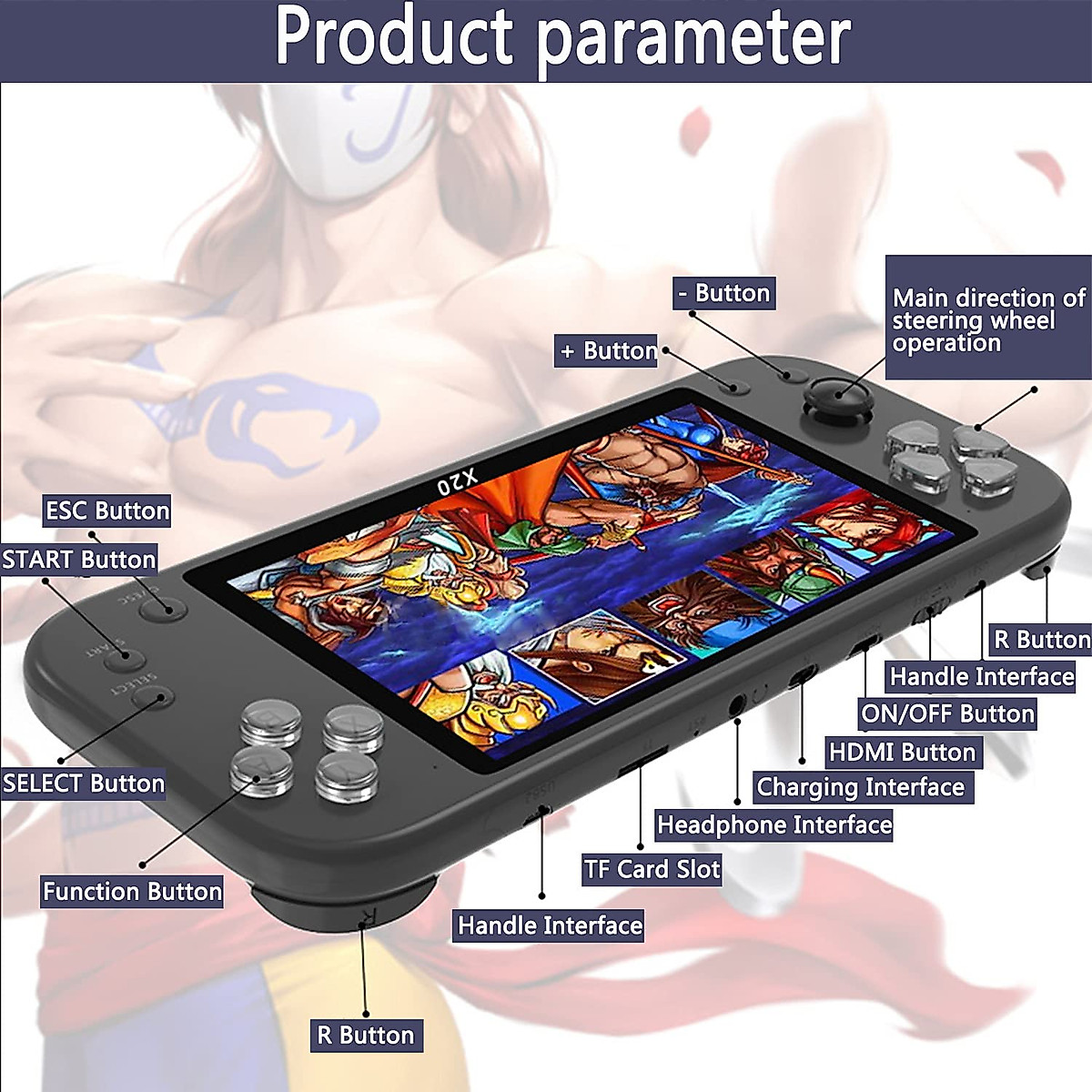 Joseky X20 Handheld Game Console - Support External Handles and Built-in 1000+ Classic Games, Two-Player Mode TV HD Output 5.1-inch Large-Screen Multi-Function Game Console (Black)