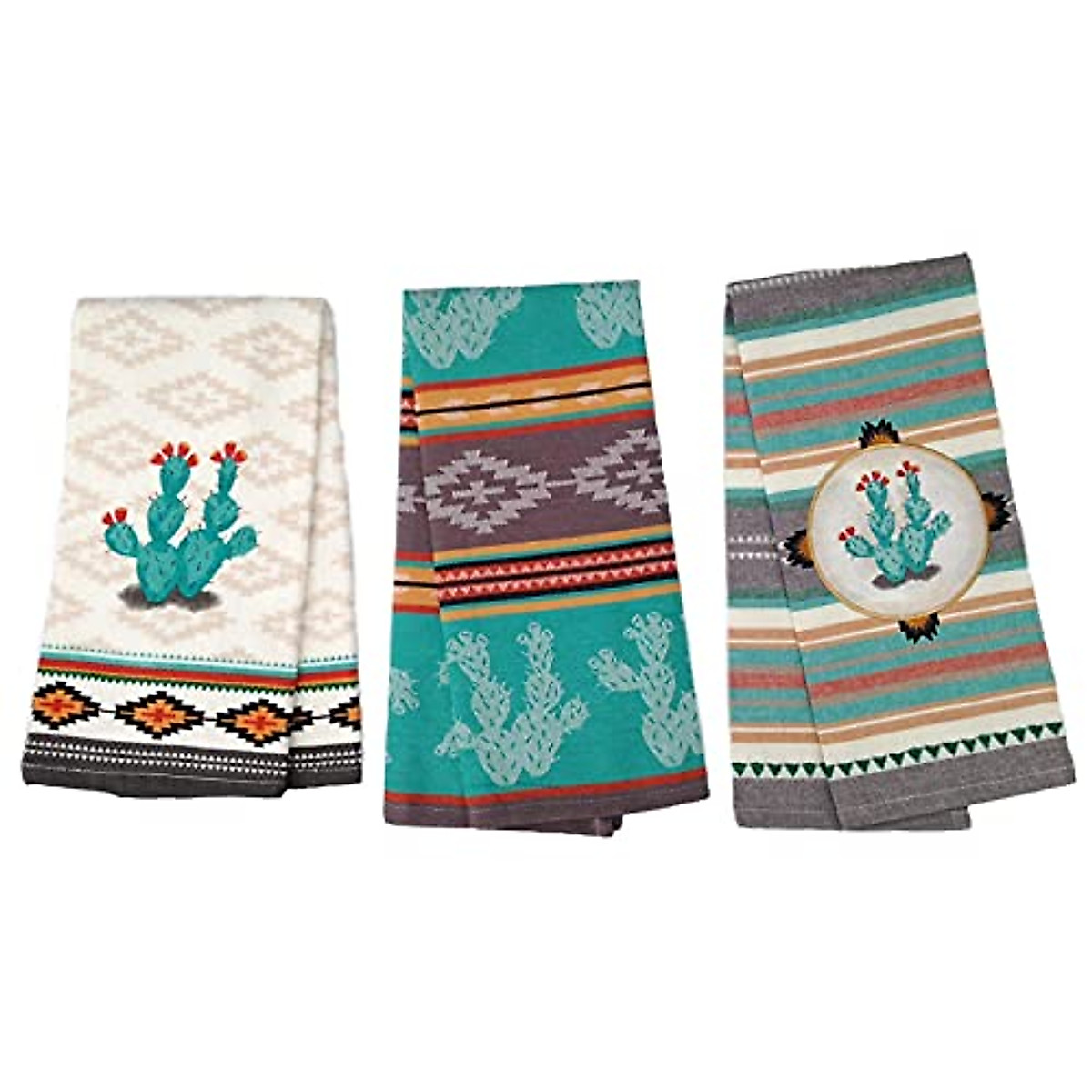 Simply Southwest Cactus Kitchen Towels Set of 3, Colorful Terry Towel - Woven Jacquard Towel - Ornamented Cactus Tea Towel