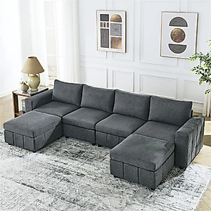 FANCUF Upholstered Modular Sofa, U-Shaped Sectional Sofa Sets for Living Room Apartment(4-Seater with 2 Ottoman)