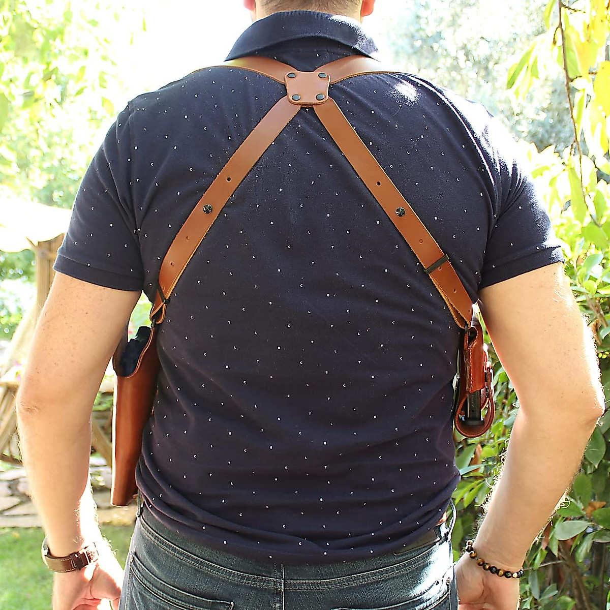 Premium Leather Vertical Shoulder Holster System with Double Magazine Carrier Fits Standart 1911 5'' BBL Colt, Kimber, para, Springfieldd, R/H Draw Brown Color