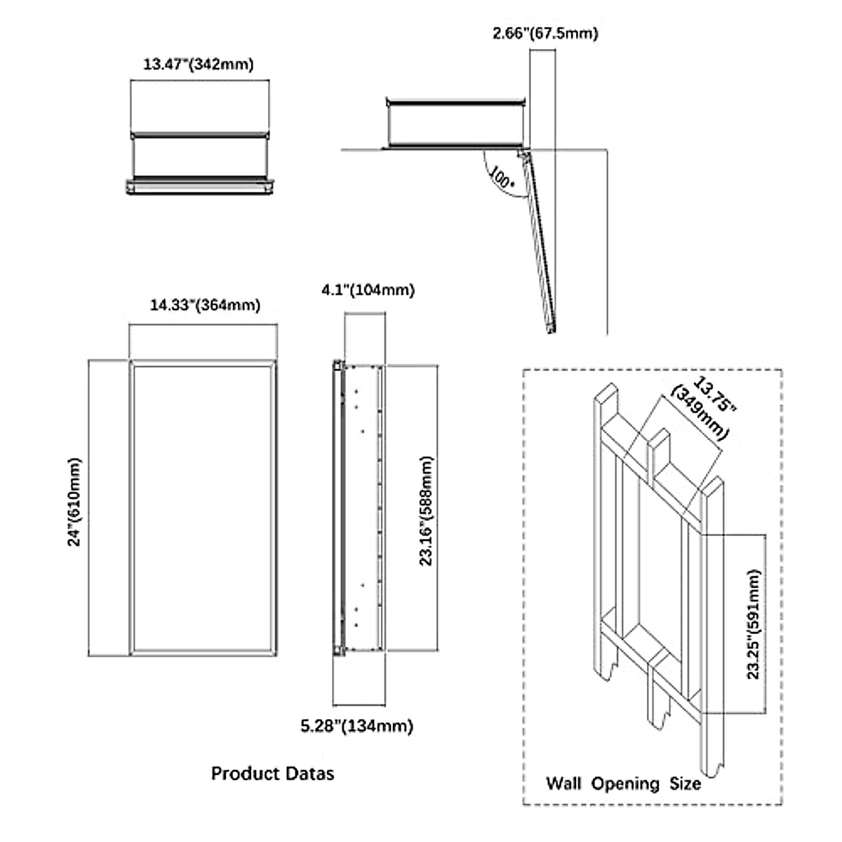 Fundin Medicine Cabinet 14 x 24 inches Mirror Size, Recessed or Surface Mount, Black Aluminum Bathroom Wall Cabinet with Mirror and Adjustable Shelves.