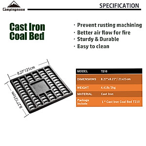 CAMPINGMOON Cast Iron Coal Bed Charcoal Fire Grate 8.27x8.27-inch T-210