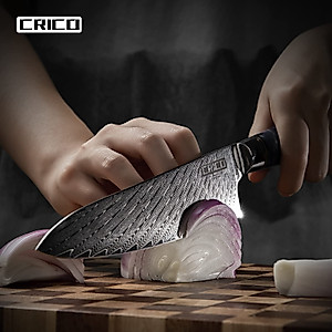 CRICO Damascus Chef Knife 8 inch, Professional Kitchen Knives with Sheath, Forged Japanese VG10 67-Layers Super Steel, Stable-Wood&Resin Handle, Razor Sharp, Gift Box - Flow Series