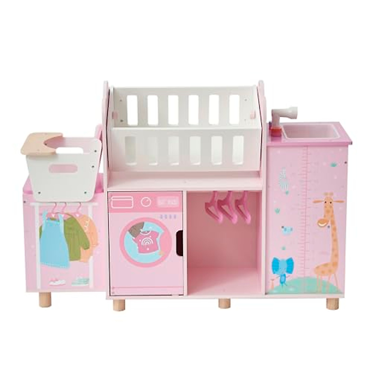 Olivia's Little World Amanda 6-in-1 Wooden Doll Nursery Station with Rocking Cradle, High Chair, Storage, Washing Machine and Sink - for 3 yrs and up, Pretend Play House, Daycare - Pink/Multi