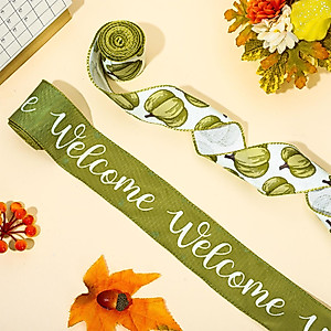 Whaline Fall Green Pumpkin Wired Edge Ribbon 30 Yards Farmhouse Rustic Autumn Thanksgiving Harvest Fabric Ribbon Welcome Plaids Polka Dots Craft Ribbon for Wreath Floral Bow DIY Crafts, 5 Roll