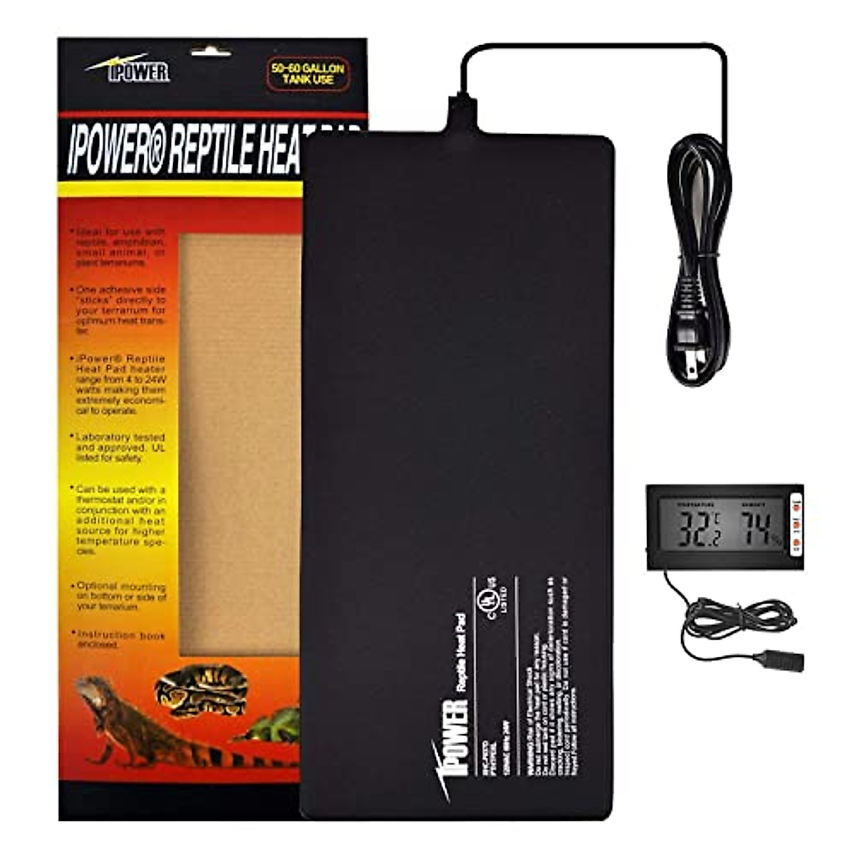 iPower 8" x 18" Reptile Heat Mat Under Tank Heater Terrarium Heating Pad for Amphibians and Reptiles Pet, Digital Thermometer and Hygrometer with Humidity Probe, Black