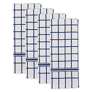 DII Basic Terry Collection Windowpane Dishtowel Set, 16x26, Blue, 4 Piece