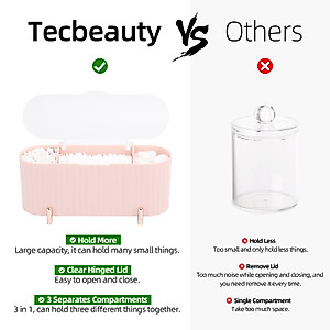 Tecbeauty Qtips Holder, 3 Grids Separate Cotton Swabs Dispenser, Cotton Ball Storage Box, Jar for Cotton Pads Bathroom Organizer Canisters - Pink