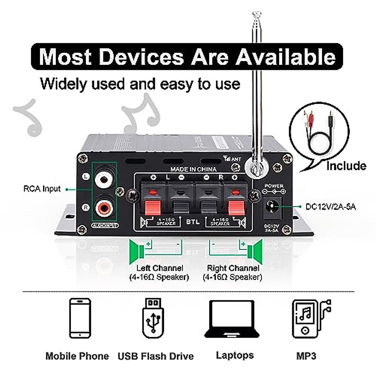 AK-370 Bluetooth Audio Amplifier with 12V/5A DC Power Supply,2.0 Channels Bluetooth Amplifier Supports Bluetooth/RCA/USB Flash Drive/SD Card Input and FM Function