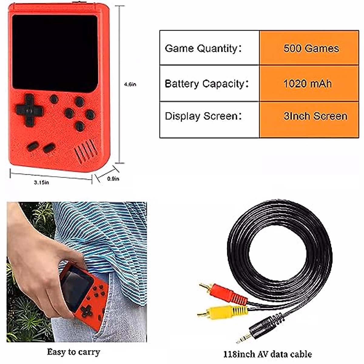 Handheld Game for Children, Portable Retro Video Game with 500 Classic FC Games 2.8-Inch Color Screen, Retro Mini Game, Support TV Connection & Two Players