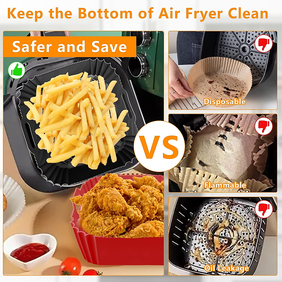 2 Pack Air Fryer Silicone Liners, 8 Inch Square Air Fryer Liners for 4 to 7 QT, Reusable Silicone Air Fryer Liners, Air Fryer Accessories, AirFryer Liners Silicone (Black & Red)