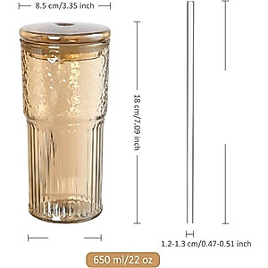 Joeyan 22 oz Amber Glass Tumbler with Straw and Lid for Iced Tea Coffee Smoothie Water Juice Beverages Soda,Ribbed Glasses Cups,Borosilicate Drinking Jar,Set of 2,Dishwasher Safe