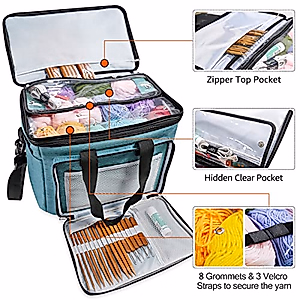 PACEARM Knitting Bag Yarn Storage Organizer, Large Crochet Bag Tote with Multiple Pockets & Divider for Projects, Knitting Needles, Crochet Hooks, Water Resistant Yarn Bag for Crocheting Accessories