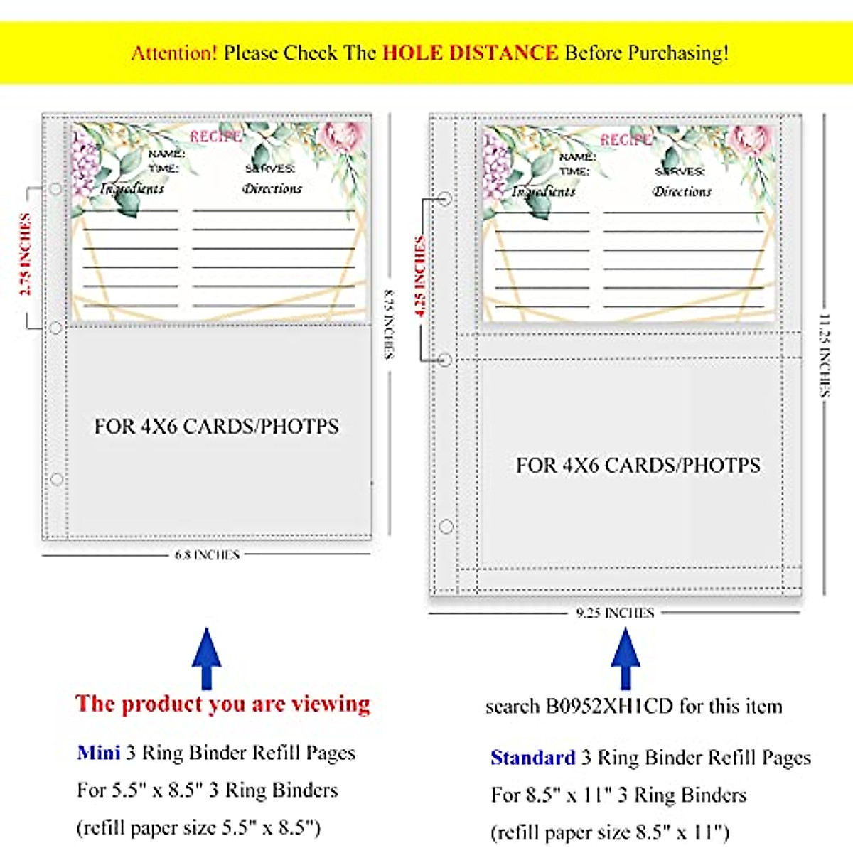 Recipe Card Page Protectors, Mini Recipe Card Sleeves for 8.5 x 9.5 3-Ring Binder, 2 Pockets Per Page, Recipe Binder Refill Pages (50 PCS, 4x6 Inch Pockets)