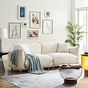 Hommoo Mid Century Modern Couch for Living Room Bedroom，Soft Loveseat Sofa, Sherpa Sofa with Metal Legs, Comfy Couch, 87" W Small Couch for Small Space with Pillows White