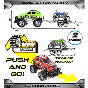 Mozlly Friction Powered Monster Trucks Car Toy SUV Towing ATV Toys Set of 2 - Monster Truck with Trailer ATV Toys for Fun Playtime Indoor or Outdoor - 2 Pack