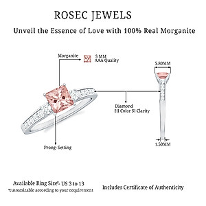 Certified Morganite 5 mm Princess Cut Engagement Ring, AAA Quality, Natural Peach Morganite Diamond Ring (With Jewelry Box), 14K White Gold, Size:US 5.00