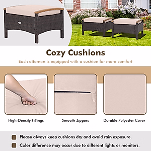 Tangkula 2 Piece Patio Rattan Ottomans, Outdoor Wicker Footstool w/Acacia Wood Handles, Soft Zippered Cushions, 3-in-1 Function Footstool Seat & Side Table for Backyard, Balcony, Poolside (Beige)