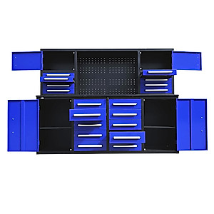 TTBKA 7' Garage Storage Cabinet with Workbench 18 Drawers, 4 Cabinets, Pegboard Size:87" L x 23" W x 67" H (Blue)